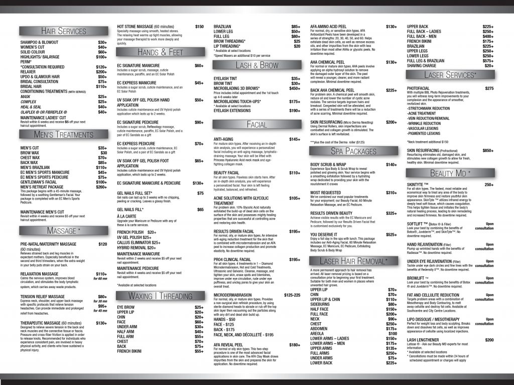 Service Menu - EvelineCharles Hair Salons and Day Spas Edmonton, Calgarya